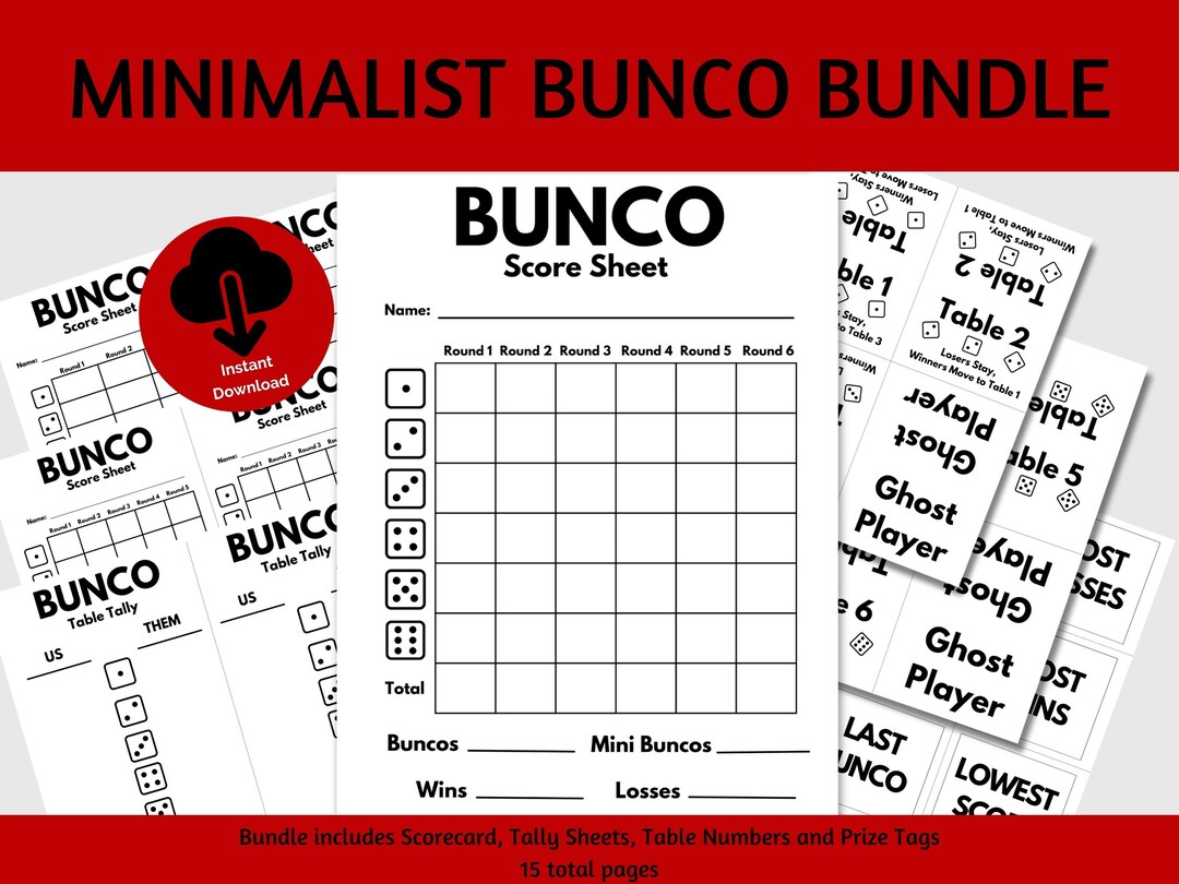 Bunco Score Sheets Minimalist Scorecard, Bunko Table Numbers Tally ...