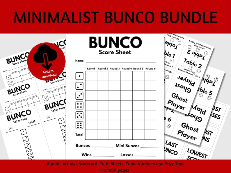 Bunco Score Sheets Minimalist Scorecard, Bunko Table Numbers Tally ...