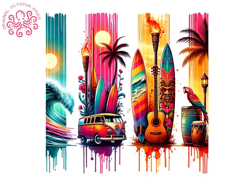 Retro Beach Surf Vibes Clipart PNG, Colorful Van and Surfboards Print ...