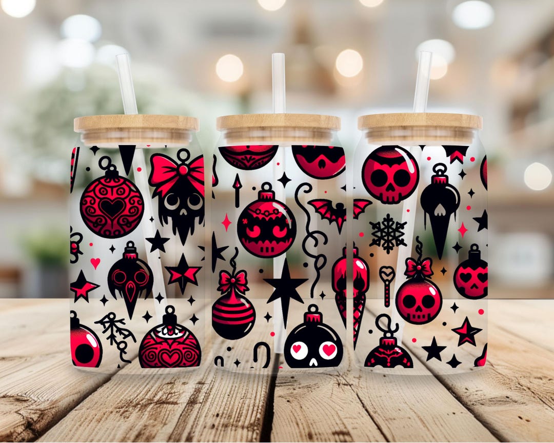 Goth Christmas Ornament Glass Can Sipper Cup, Pink Bats Black Trees ...