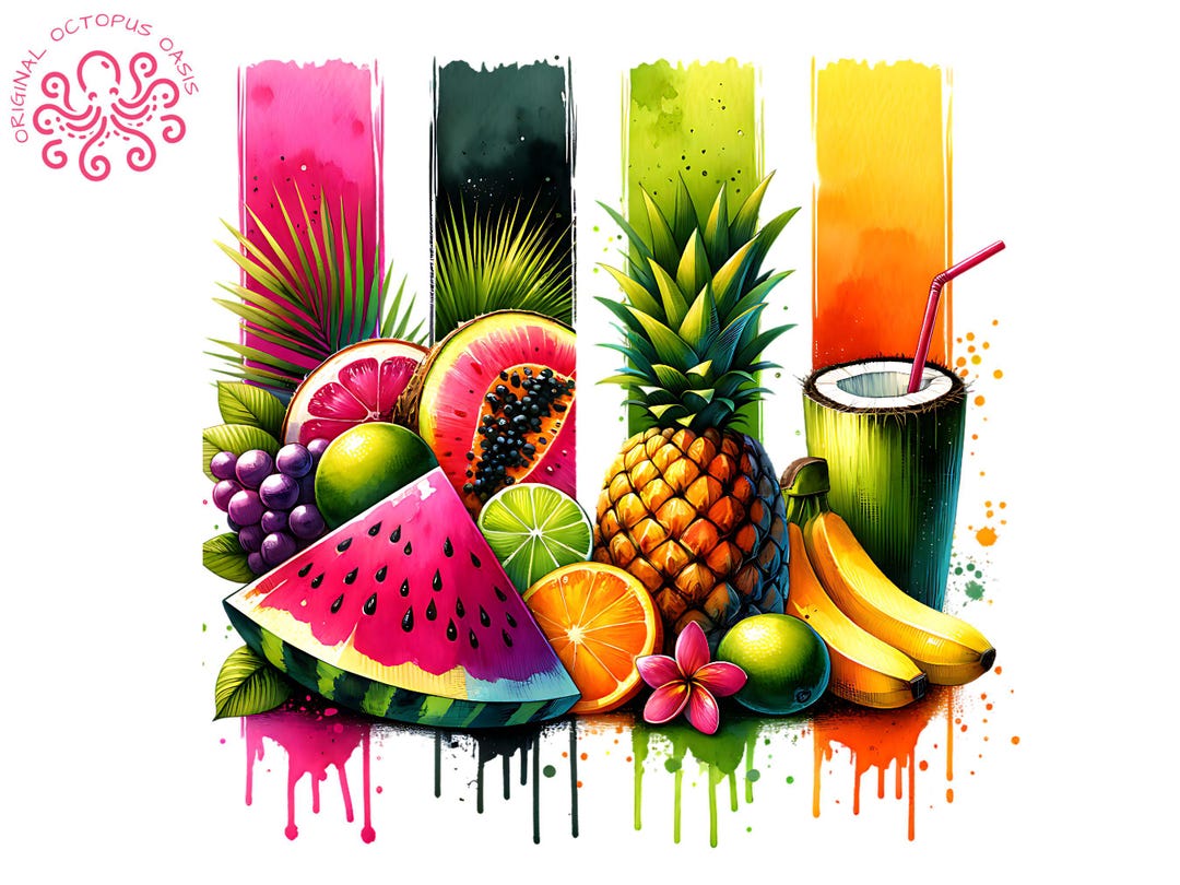 Tropical Fruits Clipart PNG, Vibrant Brushstroke Watercolor Fruit ...