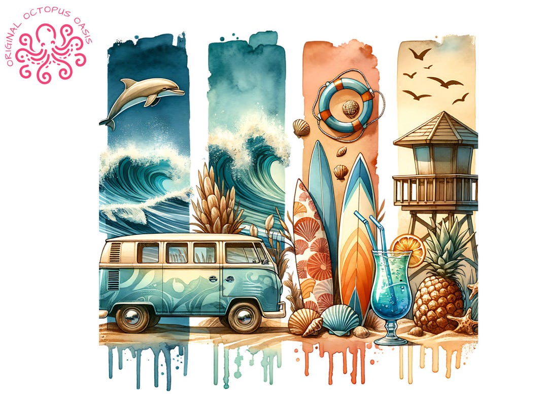 Beach Life Clipart PNG, Surf Van Wall Decor, Coastal Watercolor ...