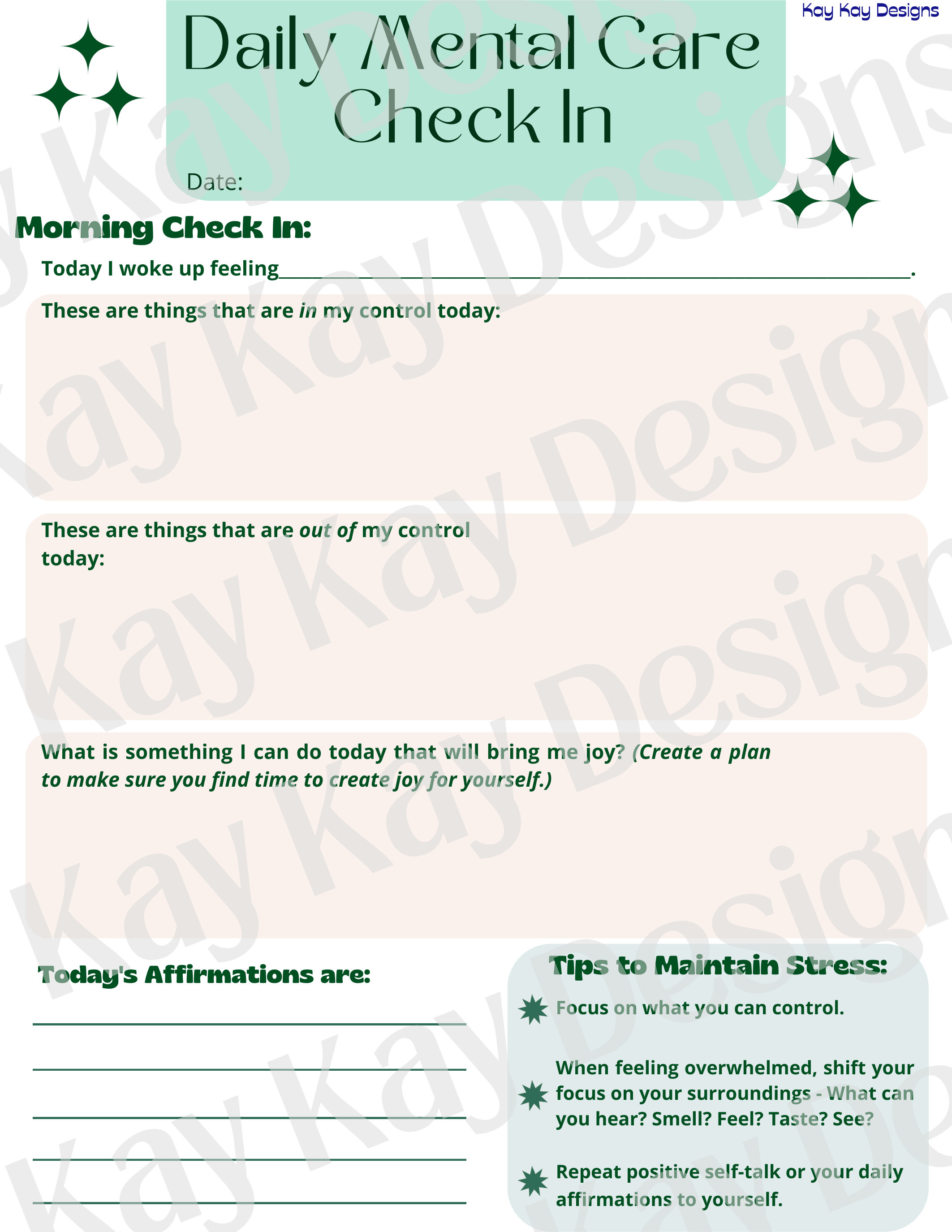 Daily Mental Health Check in Self Care Journal Mental Wellness Check in ...