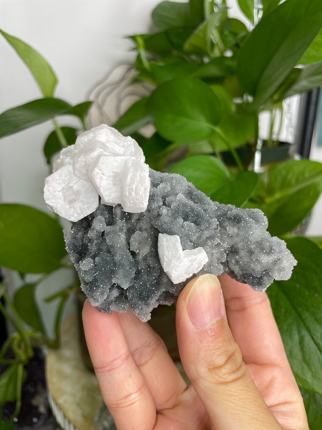 Hexagonal Shaped Light Pink Sandwich Calcite Cluster on Dark Druzy ...