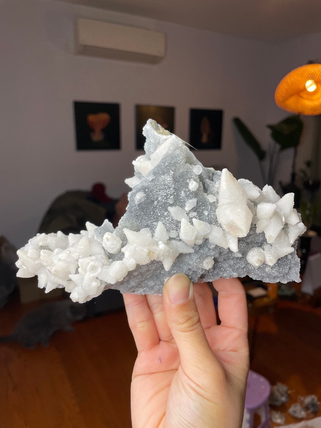 White Dogtooth Calcite Cluster on Dark Chalcedony Matrix - Etsy