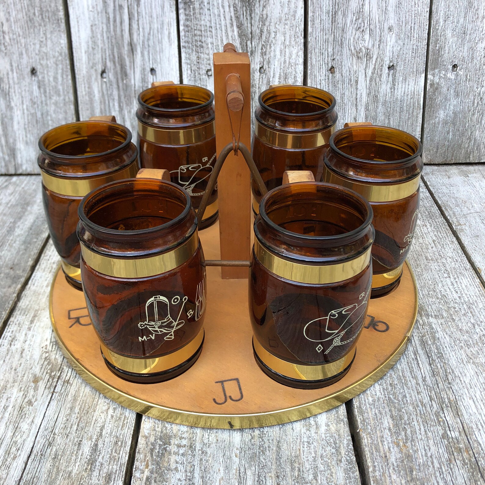 1960s Siesta Ware Cowboy Chuckwagon Root Beer Mug Set With Wooden ...