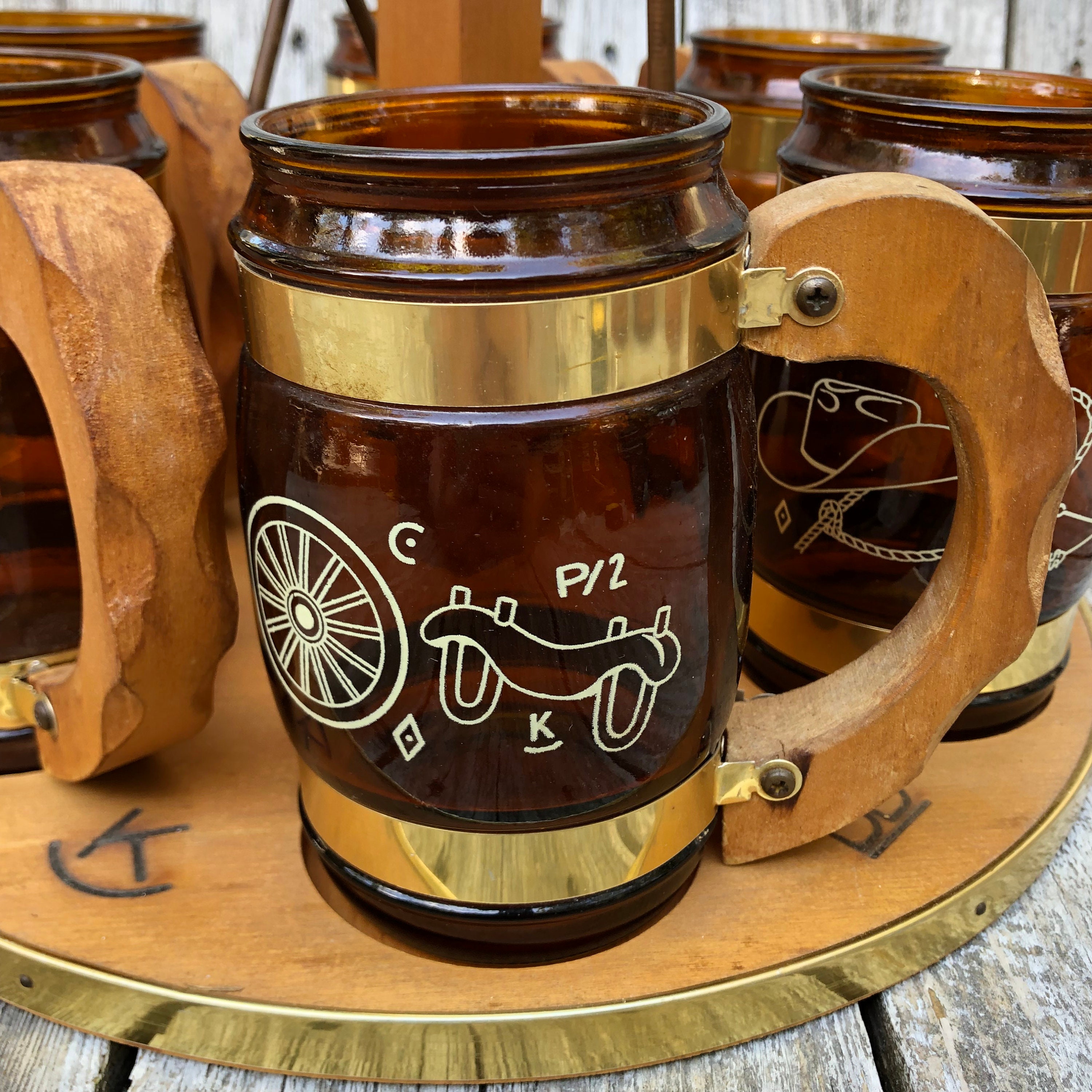 1960s Siesta Ware Cowboy Chuckwagon Root Beer Mug Set With Wooden ...