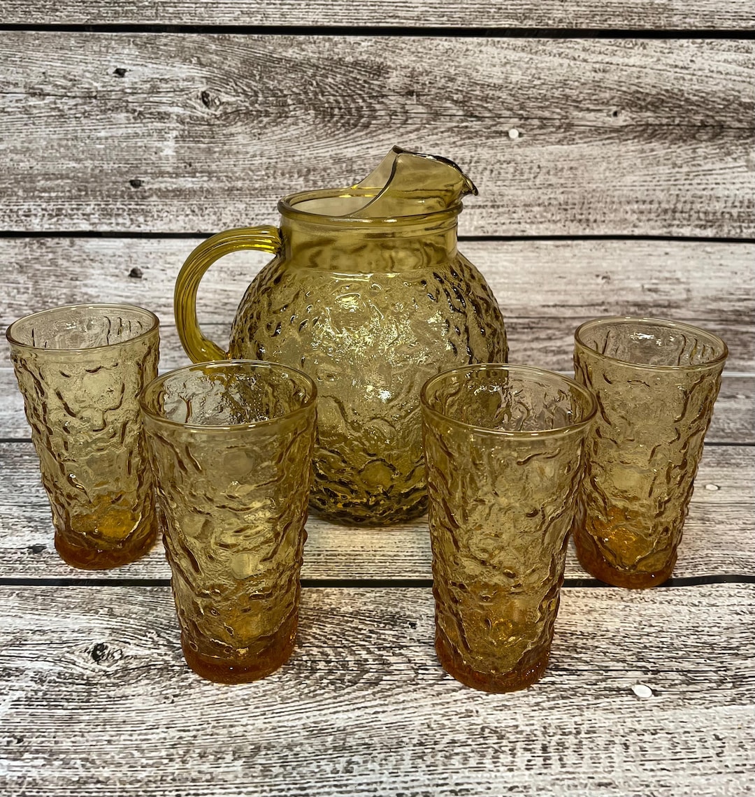 Vintage Milano Honey Amber Glass Pitcher With 4 Iced Tea/lemonade ...