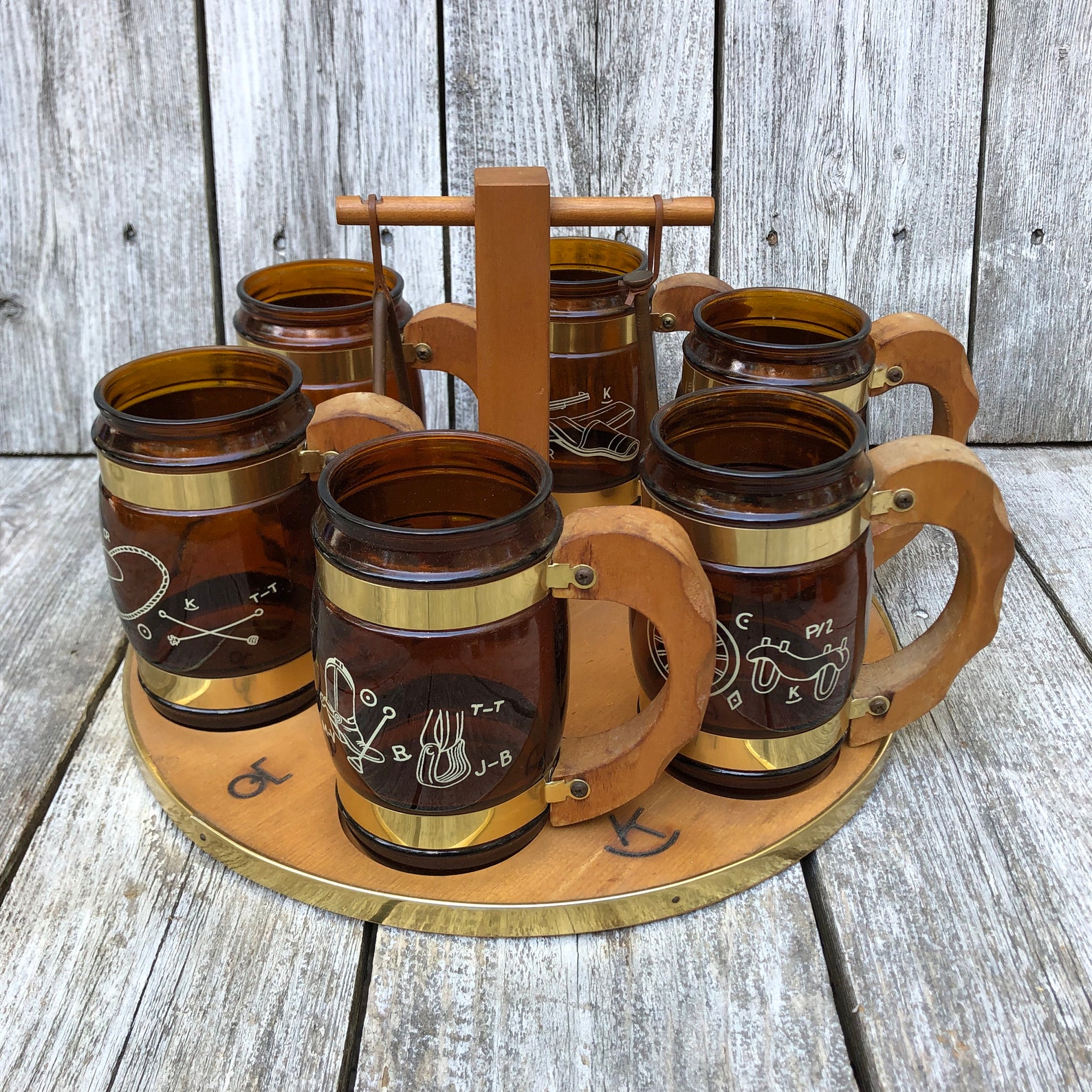 1960s Siesta Ware Cowboy Chuckwagon Root Beer Mug Set With Wooden ...