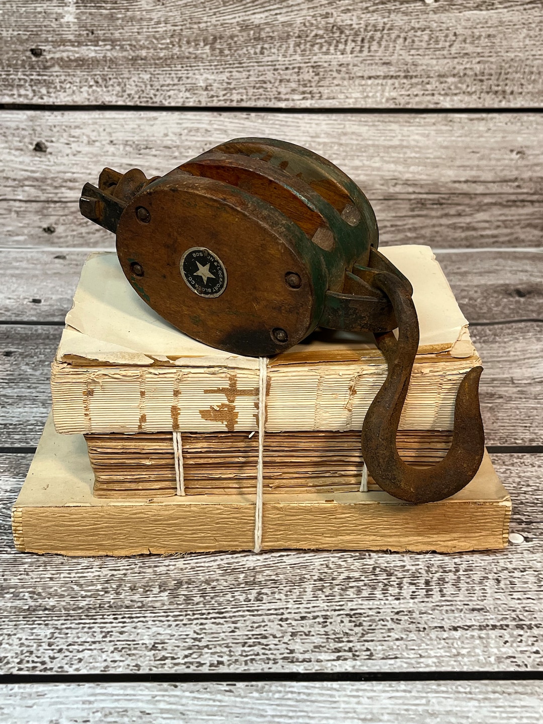 Vintage 1900s Star Boston & Lockport Block Co. Wooden Dual Pulley Block ...