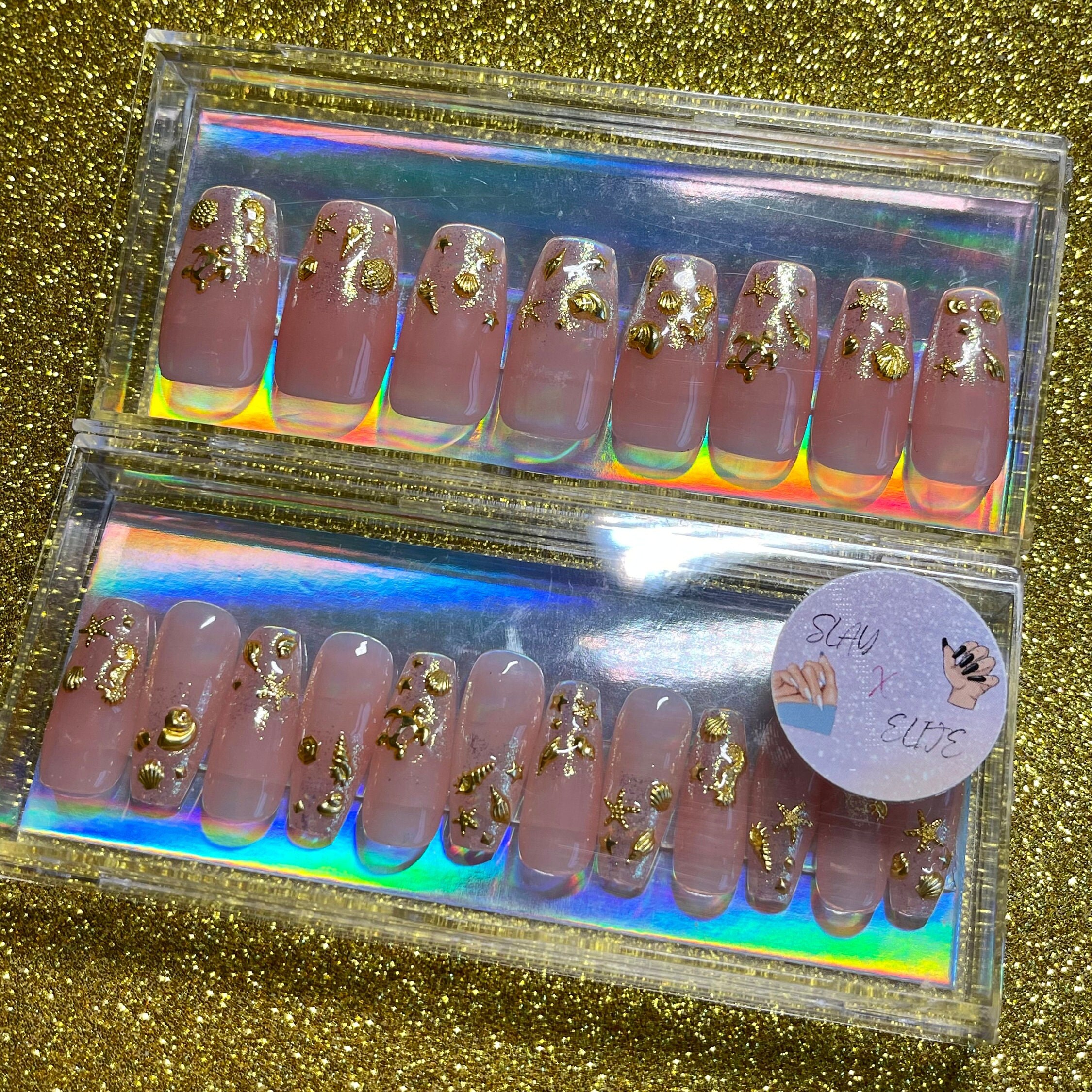 Encapsulated Shell Mermaid Medium Coffin Press on Nails - 20 Piece Set ...