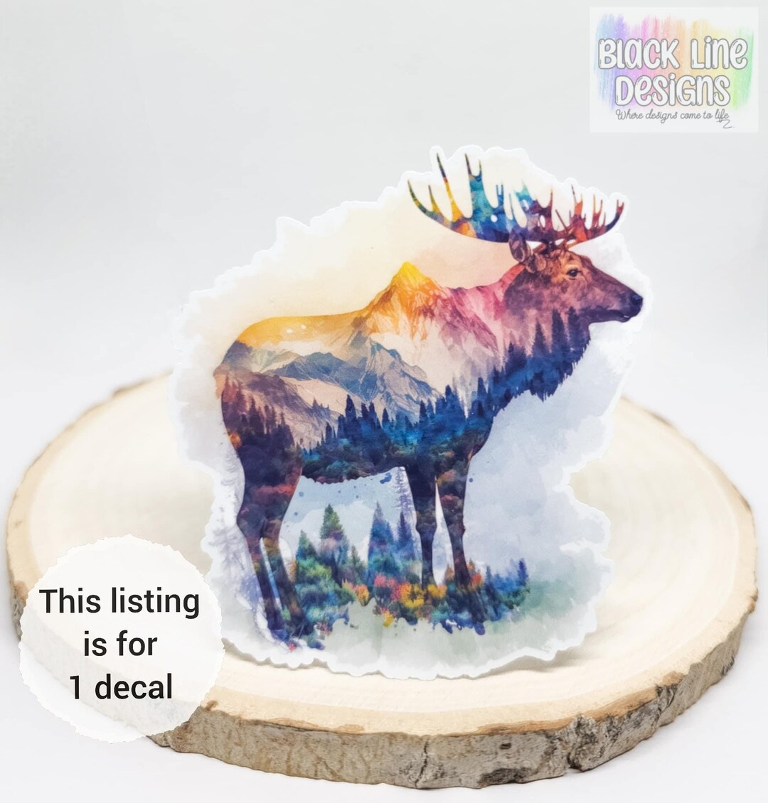 Double Exposure Moose Glossy Vinyl Decal | Watercolour Mountain Scene ...