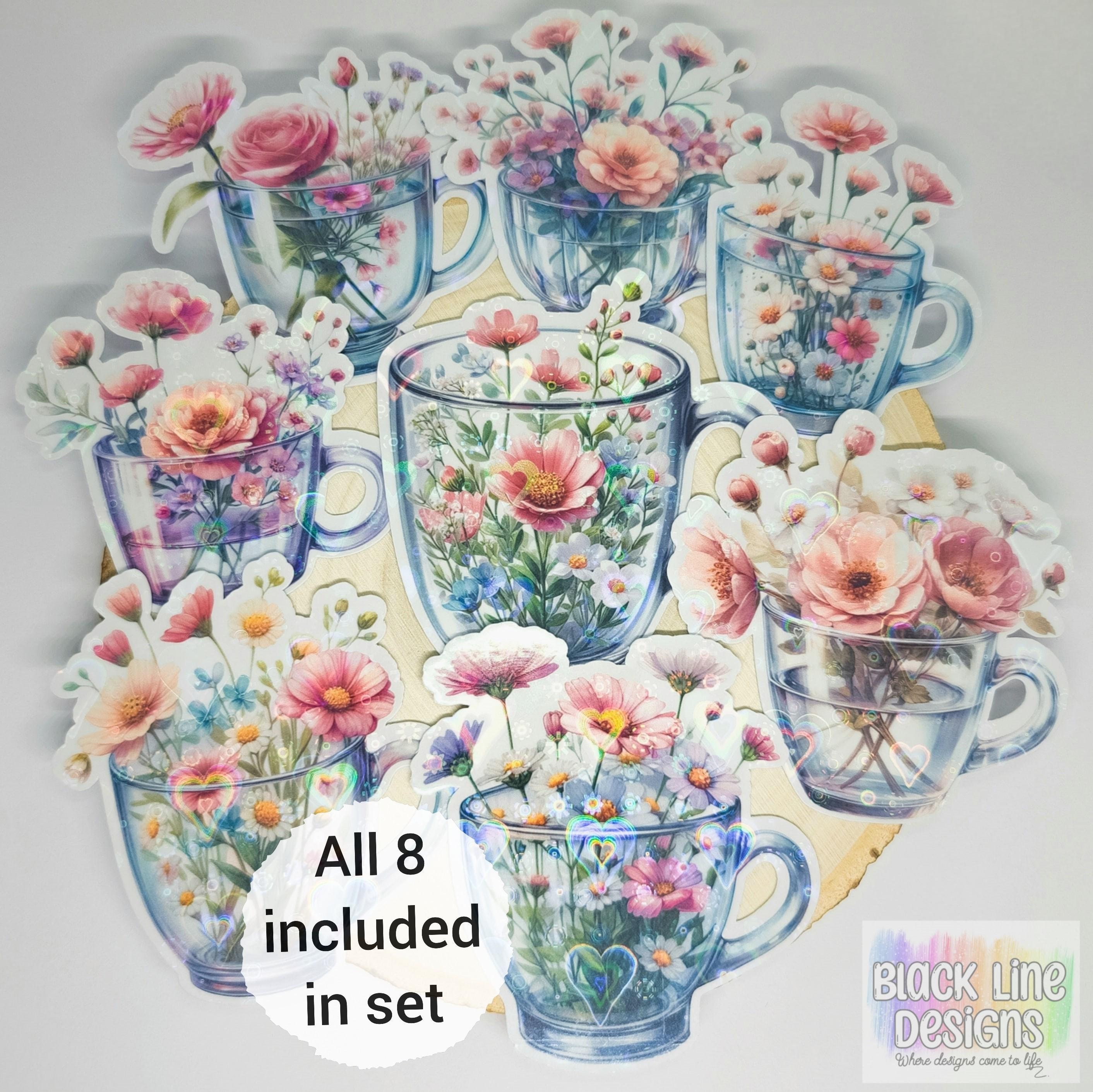 Glass Teacup Flower Stickers | Hologram Wildflower Watercolour ...