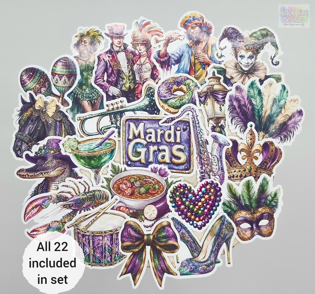 Mardi Gras Stickers | Set of 22 | Watercolour Glossy Embellishments for ...