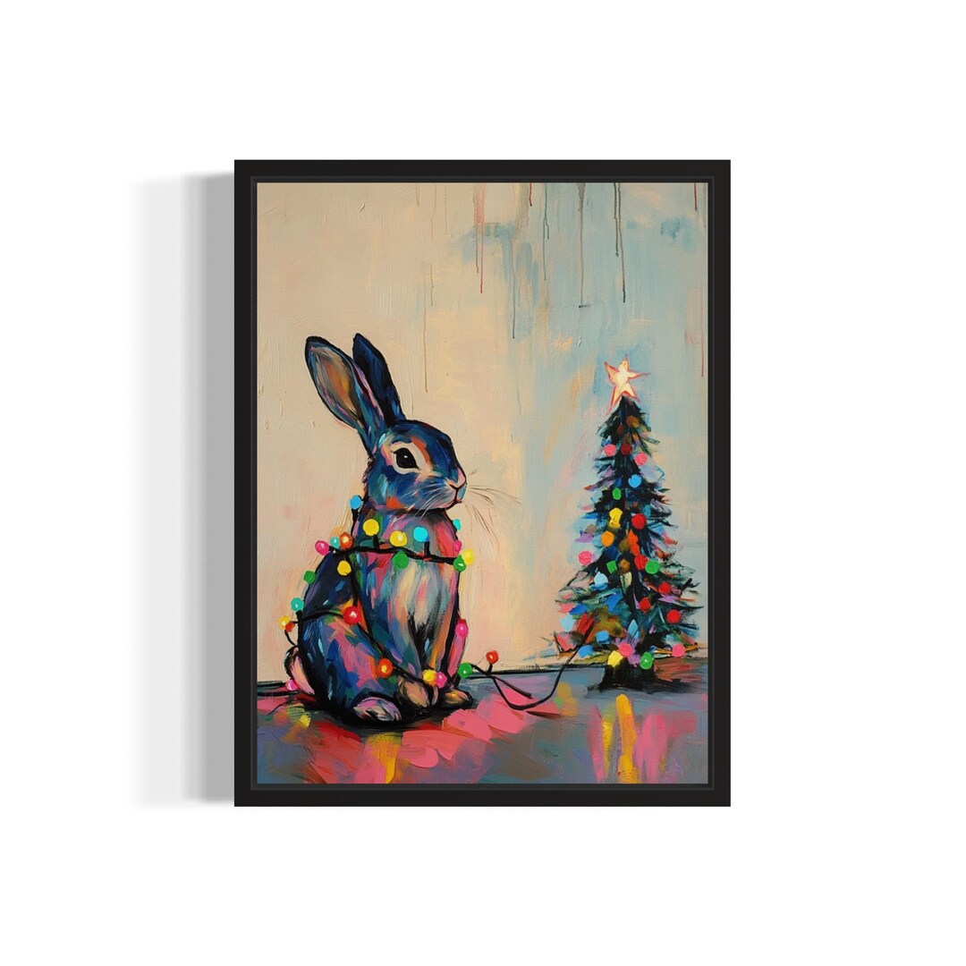 Rabbit Tangled in Christmas Lights Poster Art Print, Animals Wall Art ...
