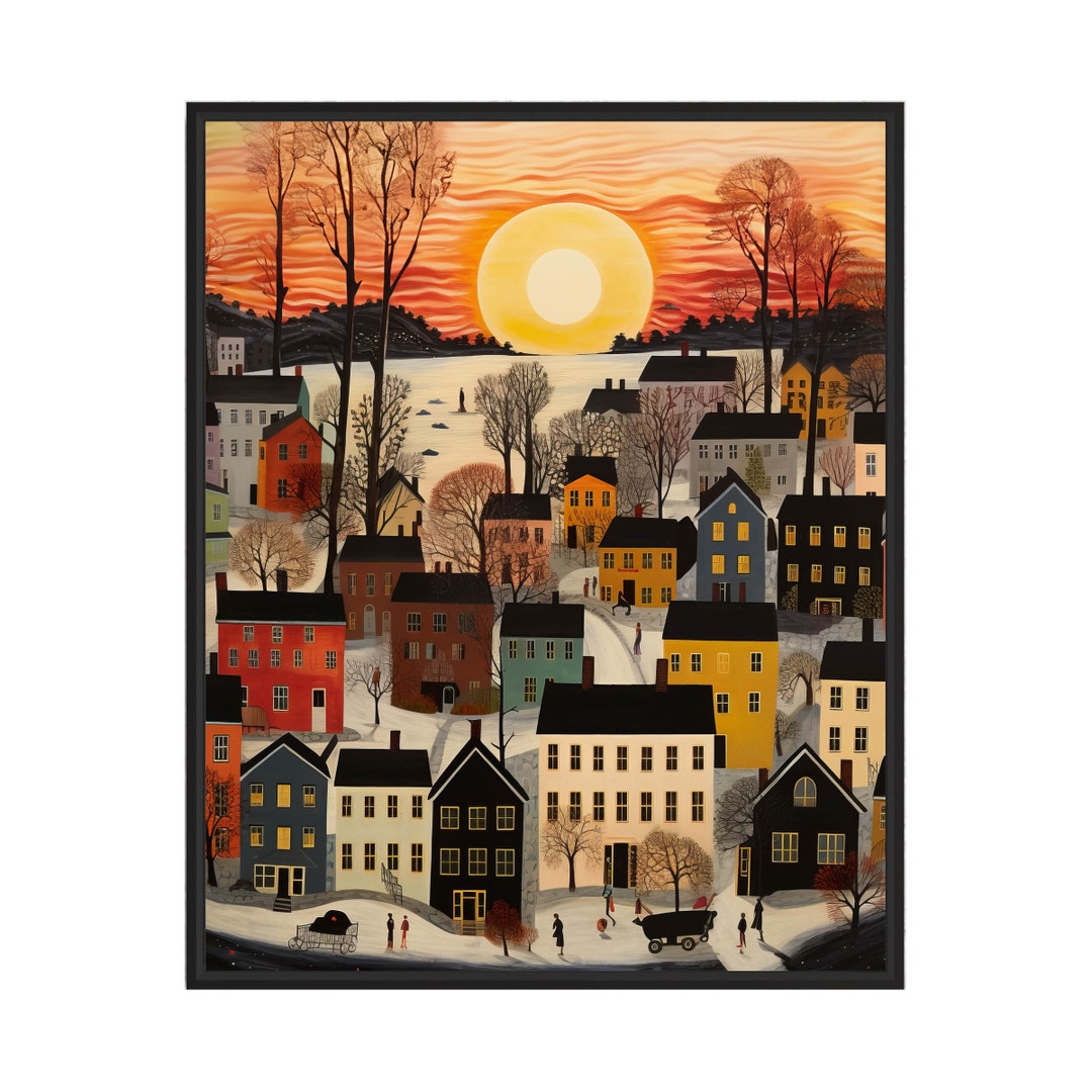 Cityscape at Sunset Scenery Landscape Poster Art Print, American Folk ...