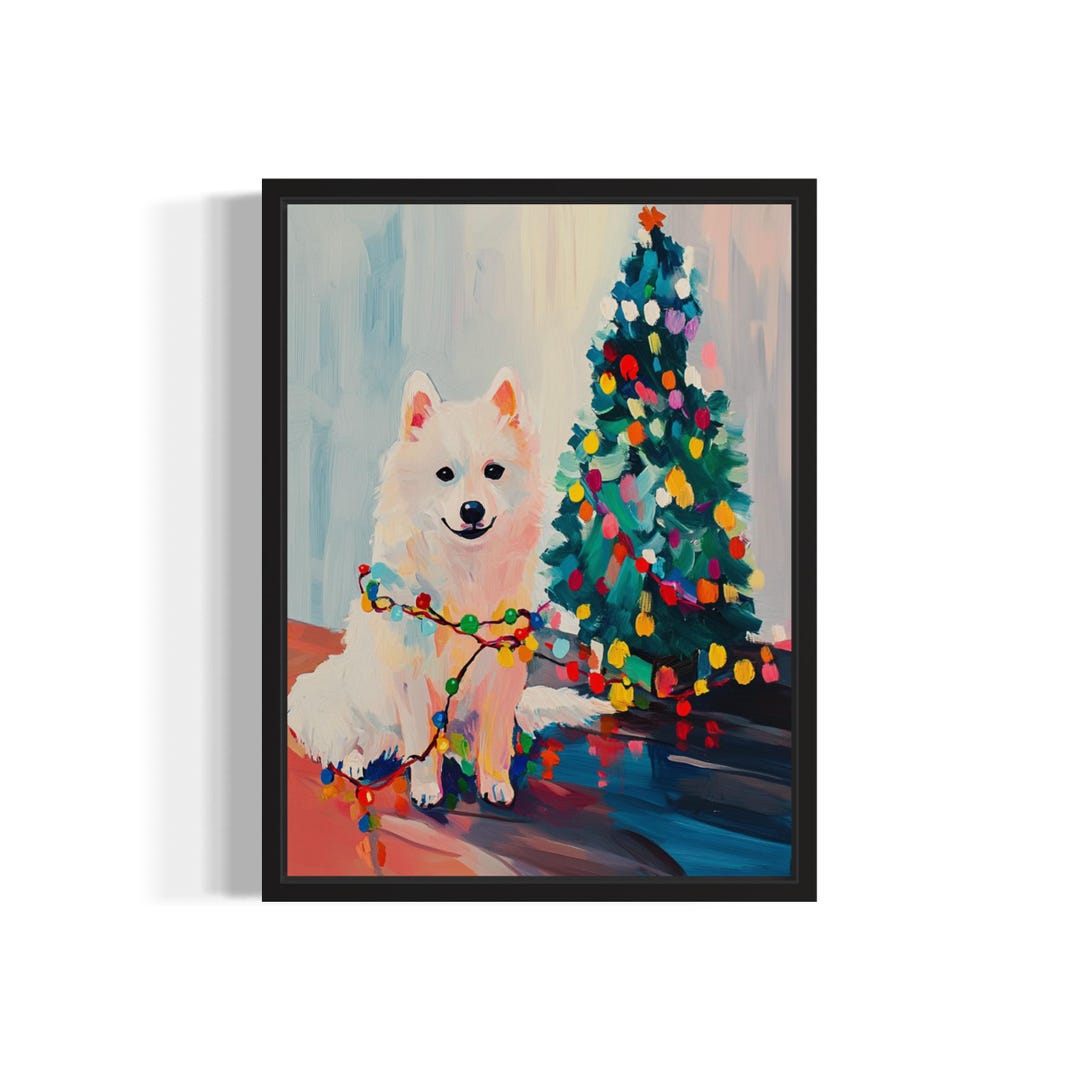 Samoyed Dog Tangled in Christmas Lights Poster Art Print, Animals Wall ...