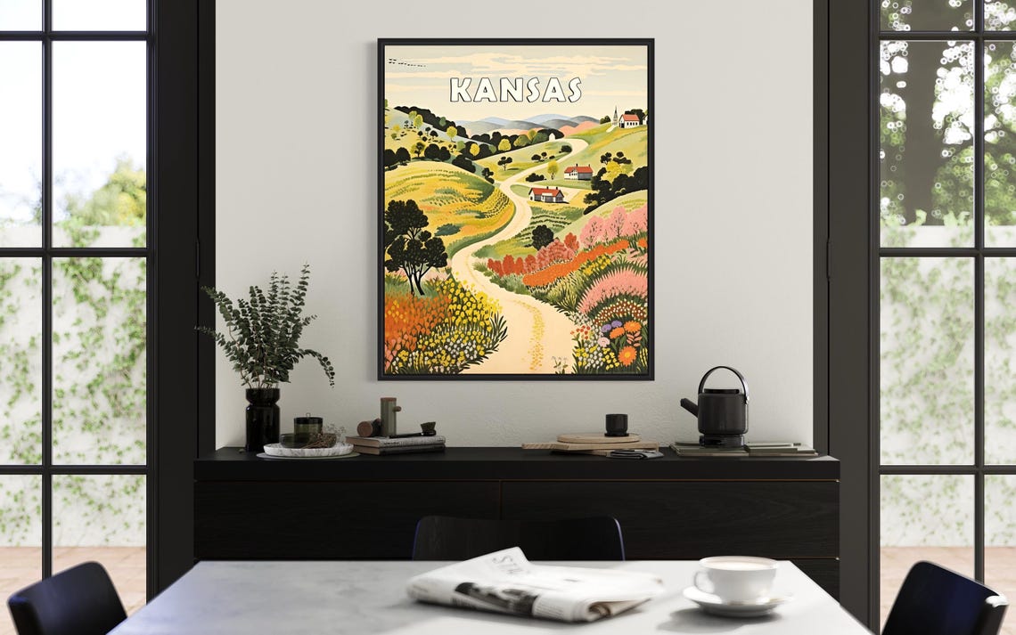 Kansas and Motto Landscape Scenery Poster Art Print, American Folk Art ...