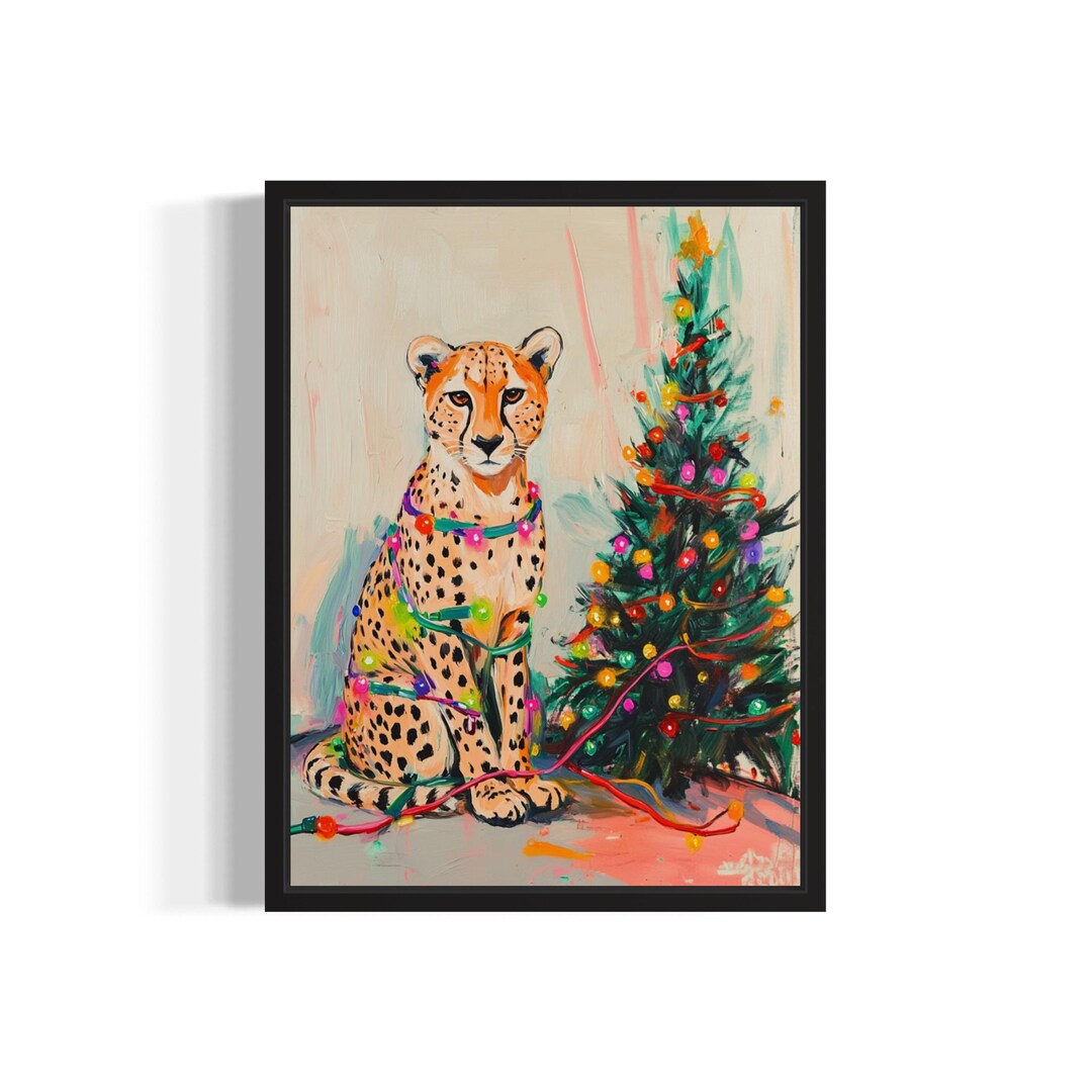 Cheetah Tangled in Christmas Lights Poster Art Print, Animals Wall Art ...