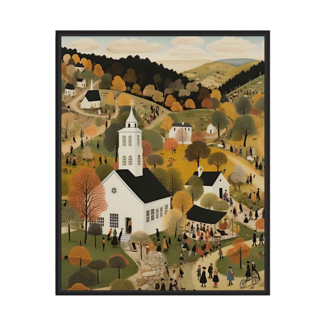 Church and Community Scenery Landscape Poster Art Print, American Folk ...