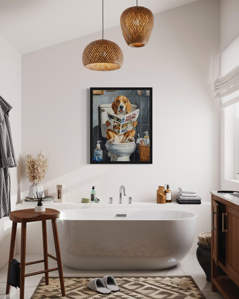 Beagle on Toilet Poster Art Print, Dog Restroom Humor Wall Art Decor ...