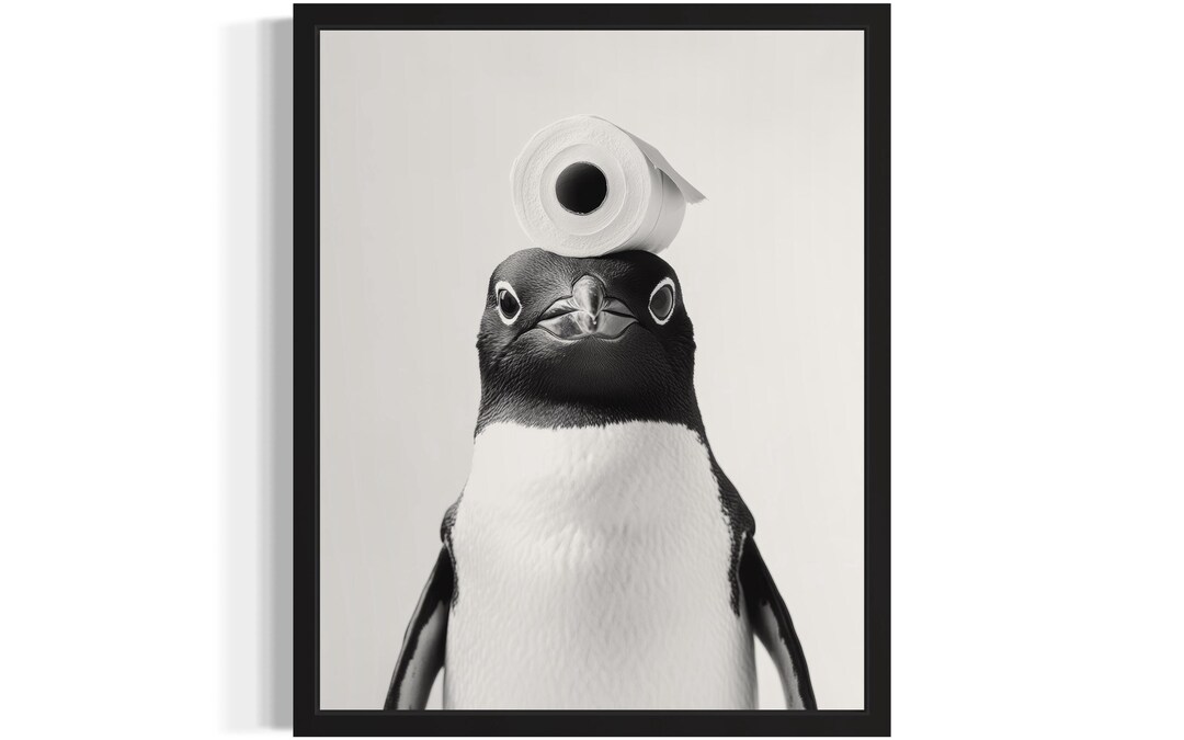 Penguin in Restroom Poster Art Print, Animal Wall Art Decor Painting ...