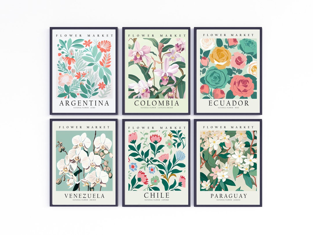 South America Flower Market Poster Set Art Print, set of 6 Argentina ...