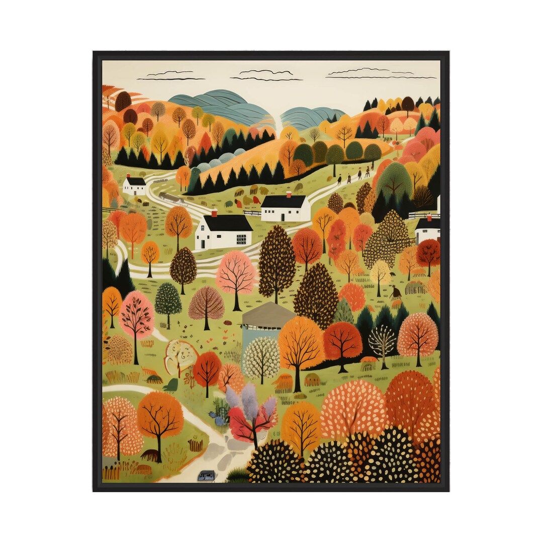 Fall Landscape Scenery Poster Art Print, American Folk Art Wall Art ...