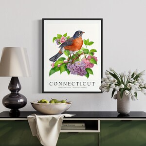 Connecticut State Bird Art Print, Connecticut State Flower, Connecticut ...