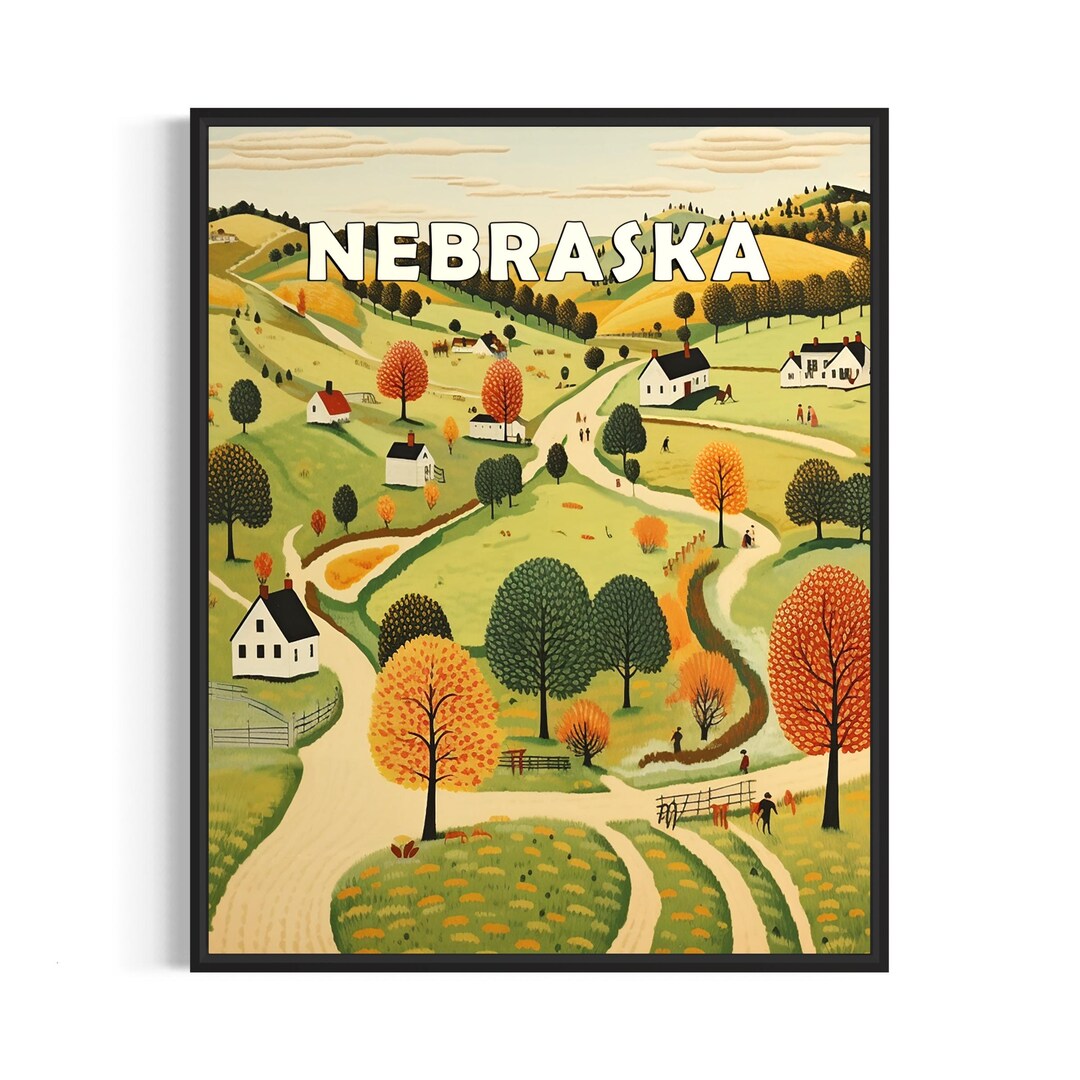 Nebraska and Motto Landscape Scenery Poster Art Print, American Folk ...