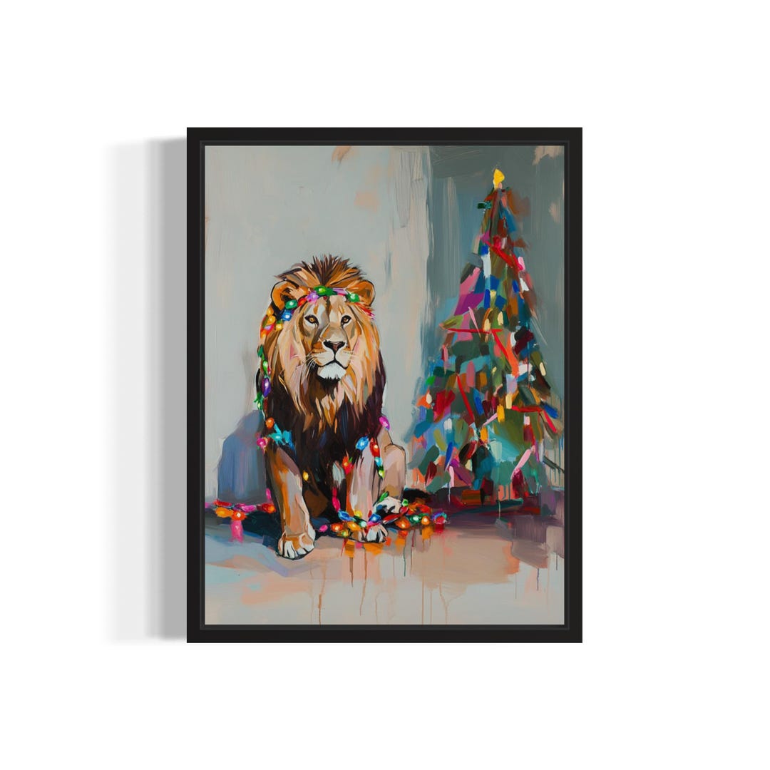 Lion Tangled in Christmas Lights Poster Art Print, Animals Wall Art ...