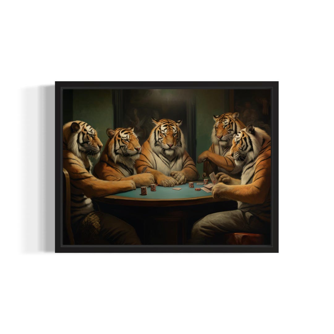 Tigers Playing Cards Poster Art Print, Animal Poker Man Cave Humor Wall ...