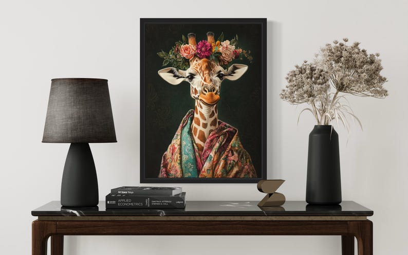 Giraffe Poster Art Print, Animal Flowers in Kimono Wall Art Decor ...