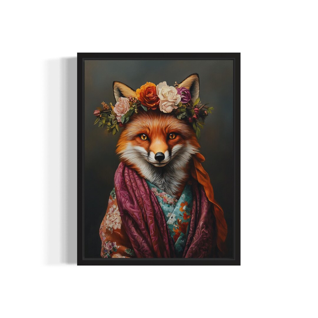 Red Fox Poster Art Print, Animal Flowers in Kimono Wall Art Decor ...