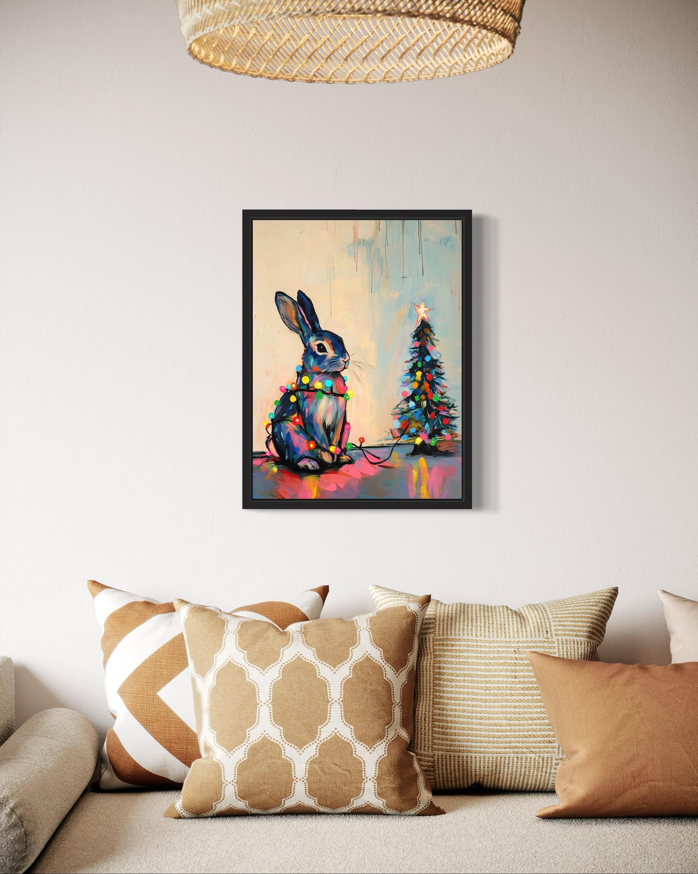 Rabbit Tangled in Christmas Lights Poster Art Print, Animals Wall Art ...