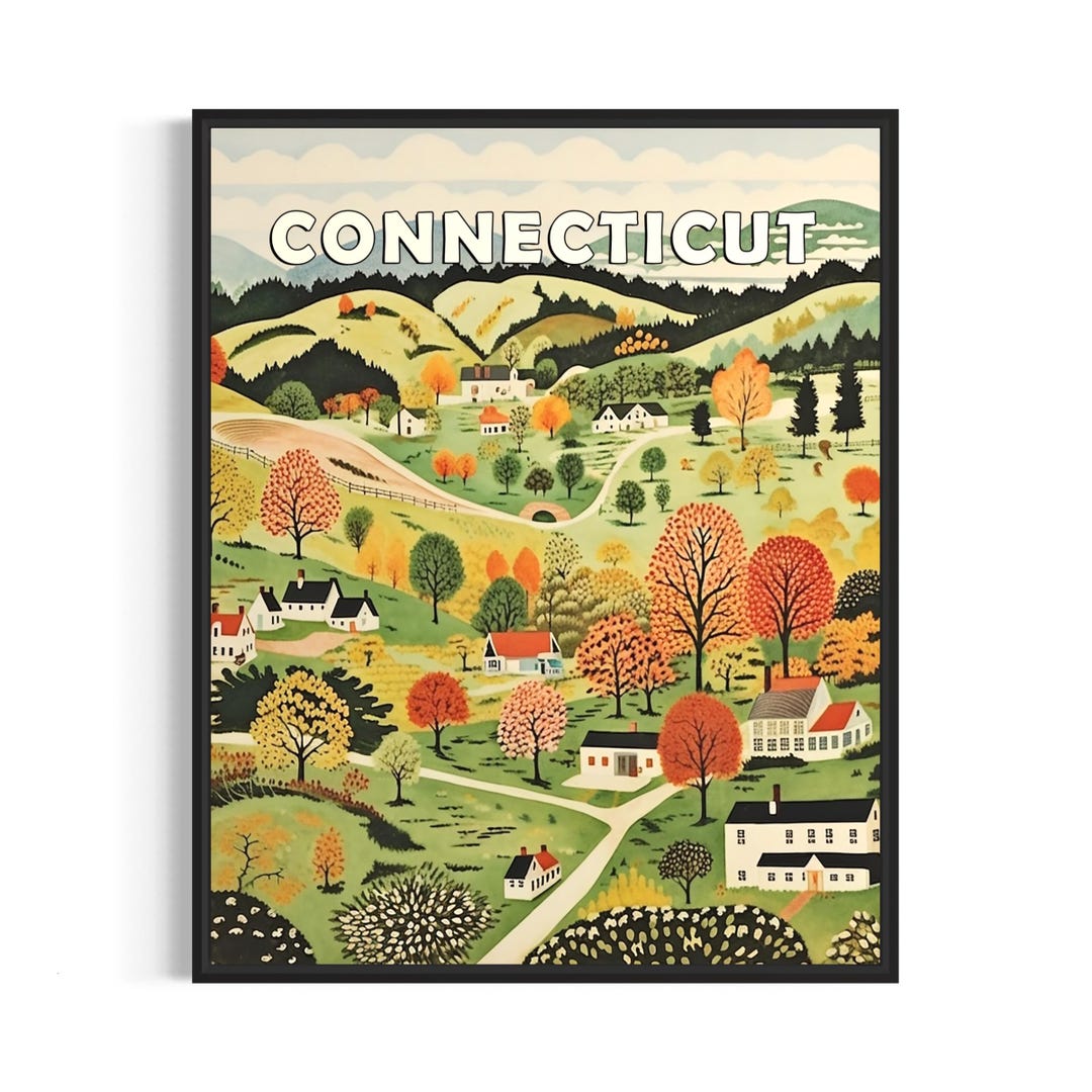 Connecticut and Motto Landscape Scenery Poster Art Print, American Folk ...