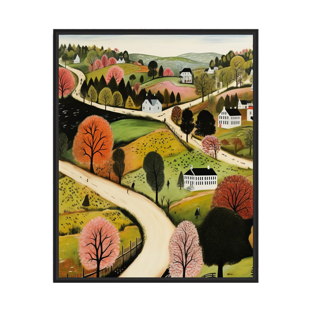 Country Road Scenery Landscape Poster Art Print, American Folk Art Wall ...