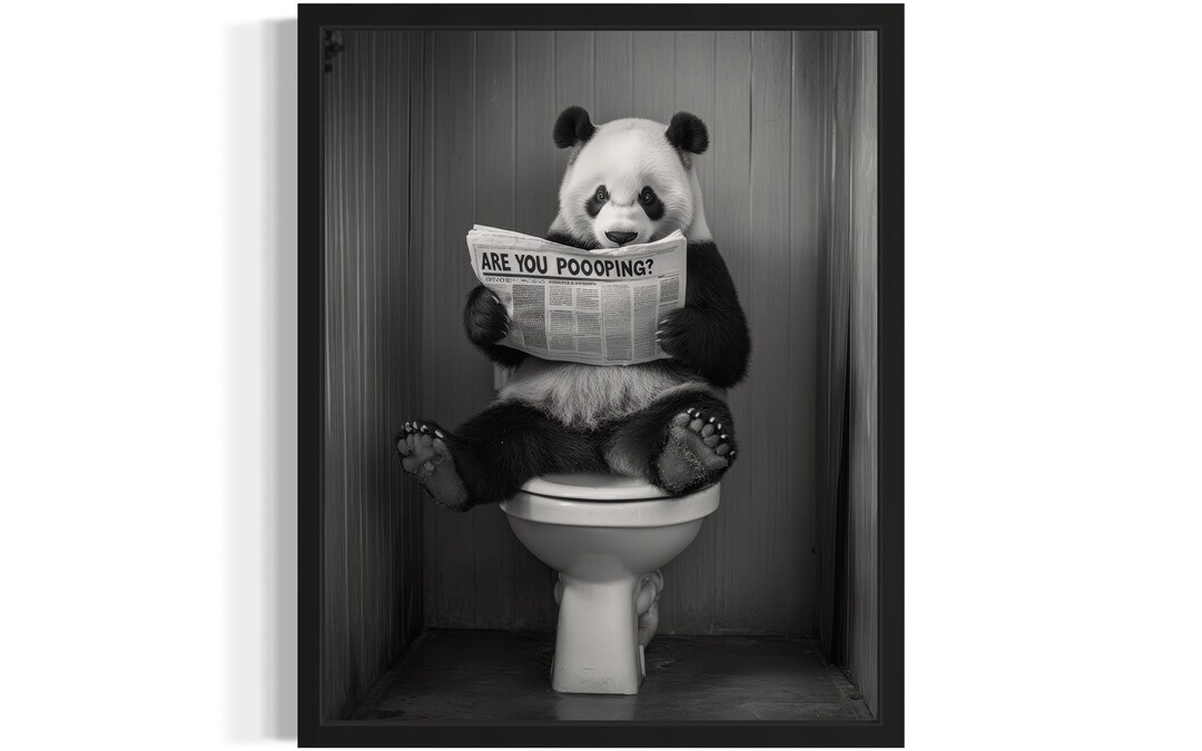 Panda on Toilet in Restroom Poster Art Print, Animal Wall Art Decor ...