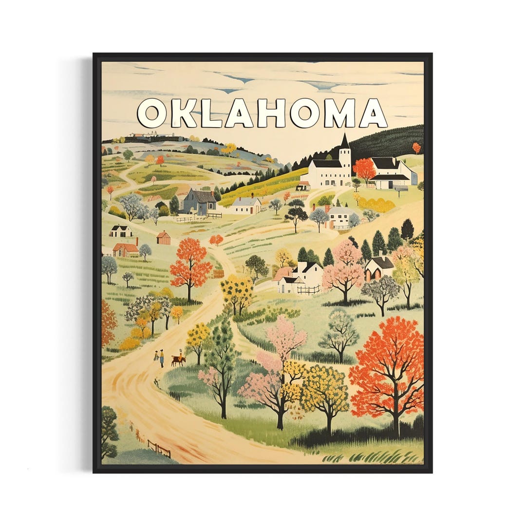 Oklahoma and Motto Landscape Scenery Poster Art Print, American Folk ...