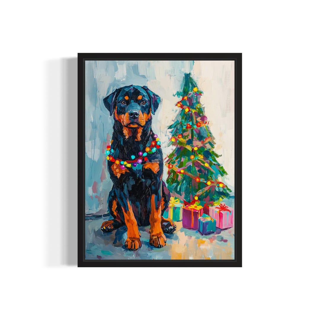 Rottweiler Dog Tangled in Christmas Lights Poster Art Print, Animals ...