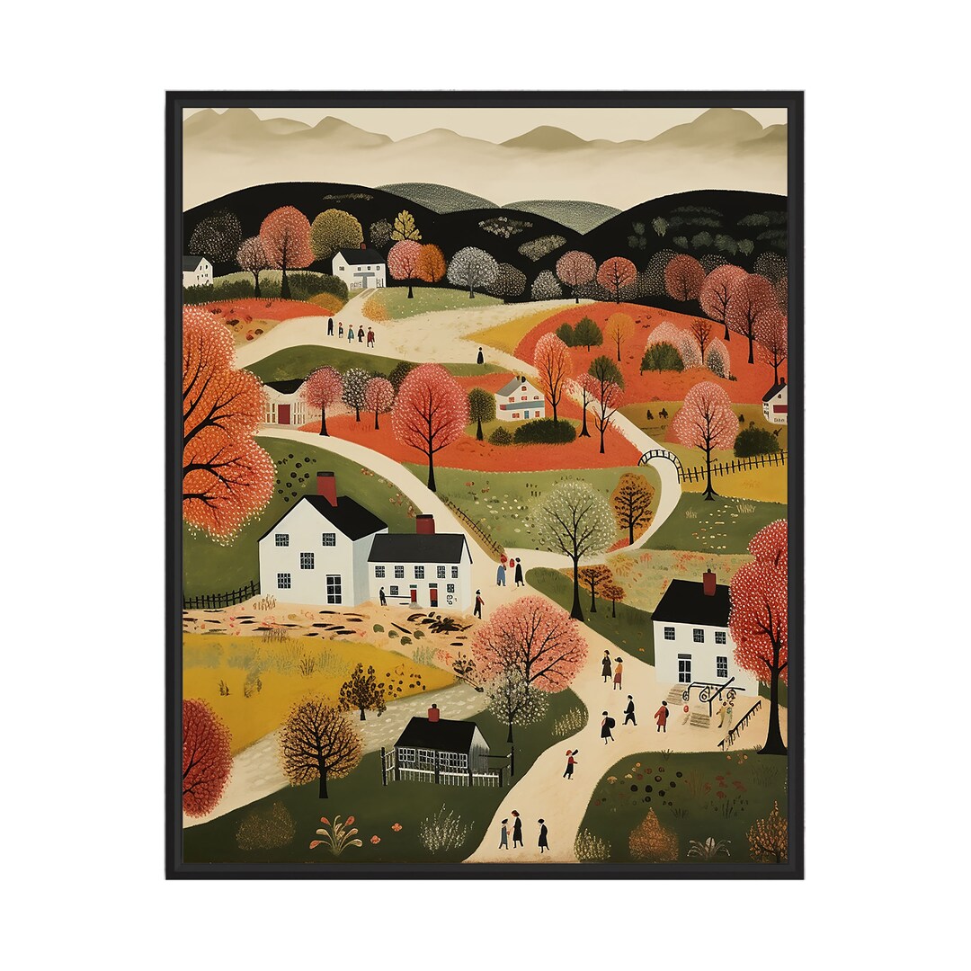 Autumn Countryside Scenery Landscape Poster Art Print, American Folk ...