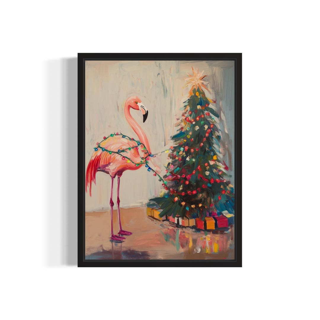 Flamingo Tangled in Christmas Lights Poster Art Print, Animals Wall Art ...