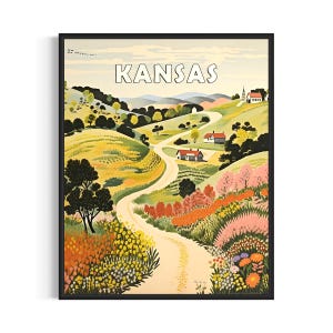 Kansas and Motto Landscape Scenery Poster Art Print, American Folk Art ...