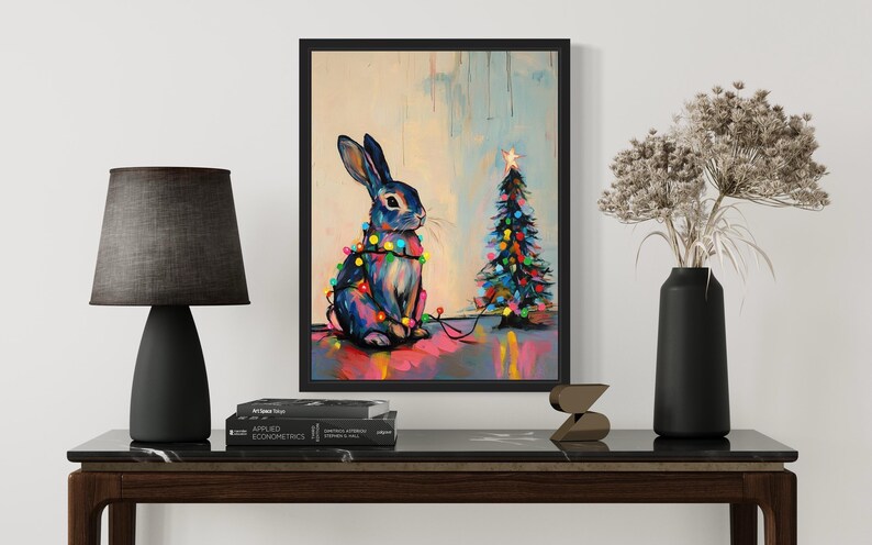 Rabbit Tangled in Christmas Lights Poster Art Print, Animals Wall Art ...