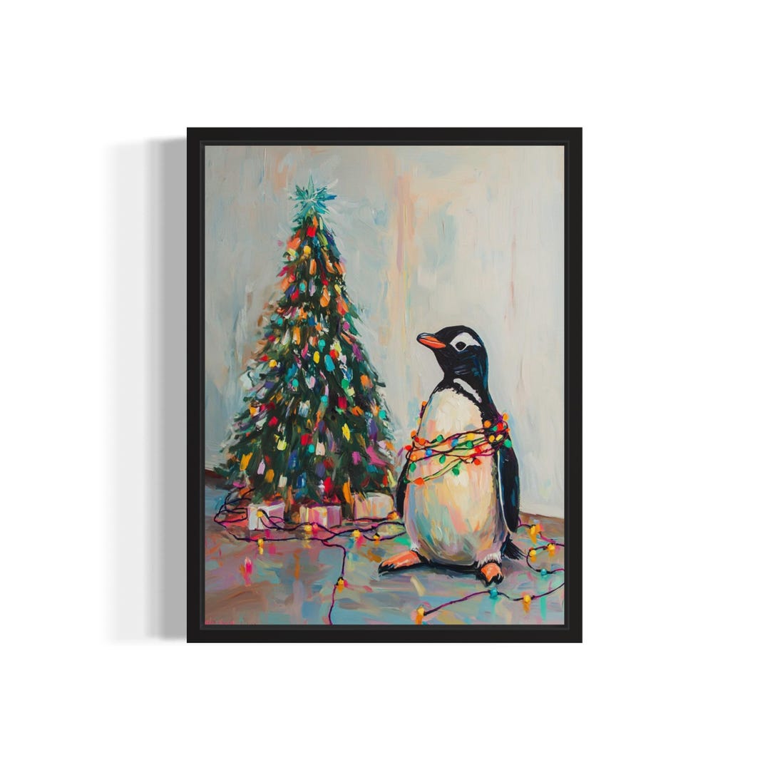 Penguin Tangled in Christmas Lights Poster Art Print, Animals Wall Art ...