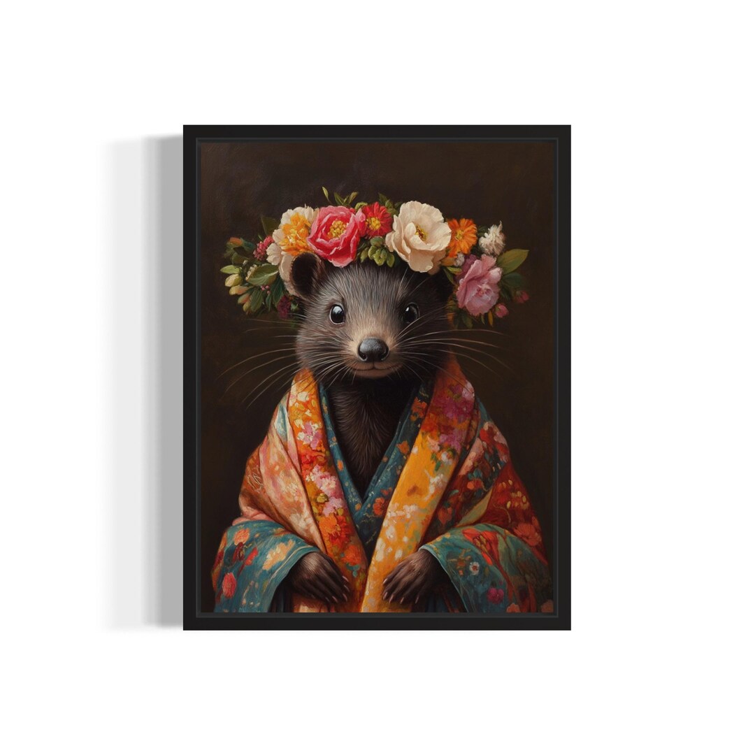 Mink Poster Art Print, Animal Flowers in Kimono Wall Art Decor Painting ...