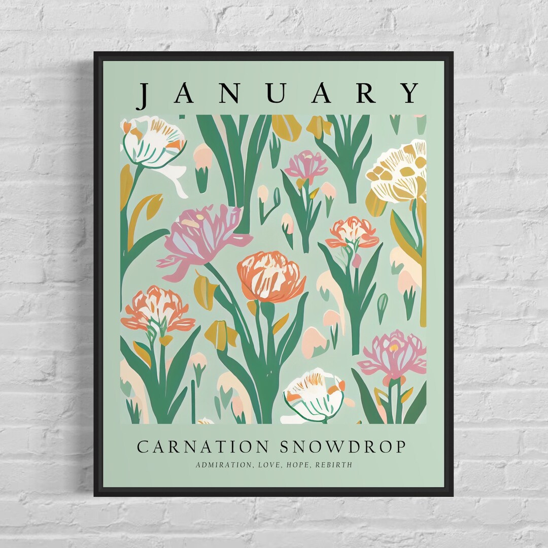 January Flower Month Art Print, Month Flower Market Poster, Carnation ...