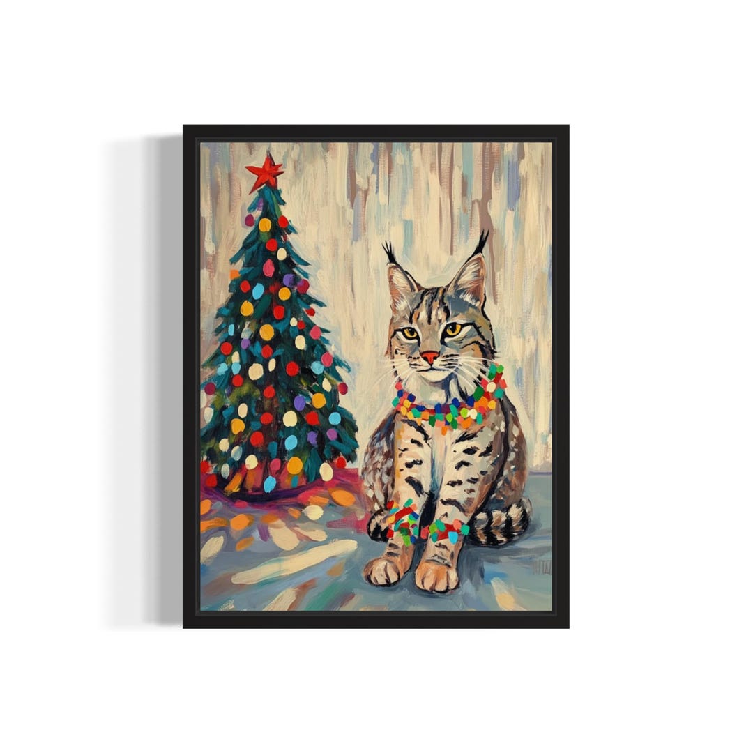 Bobcat Tangled in Christmas Lights Poster Art Print, Animals Wall Art ...