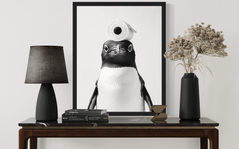 Penguin in Restroom Poster Art Print, Animal Wall Art Decor Painting ...