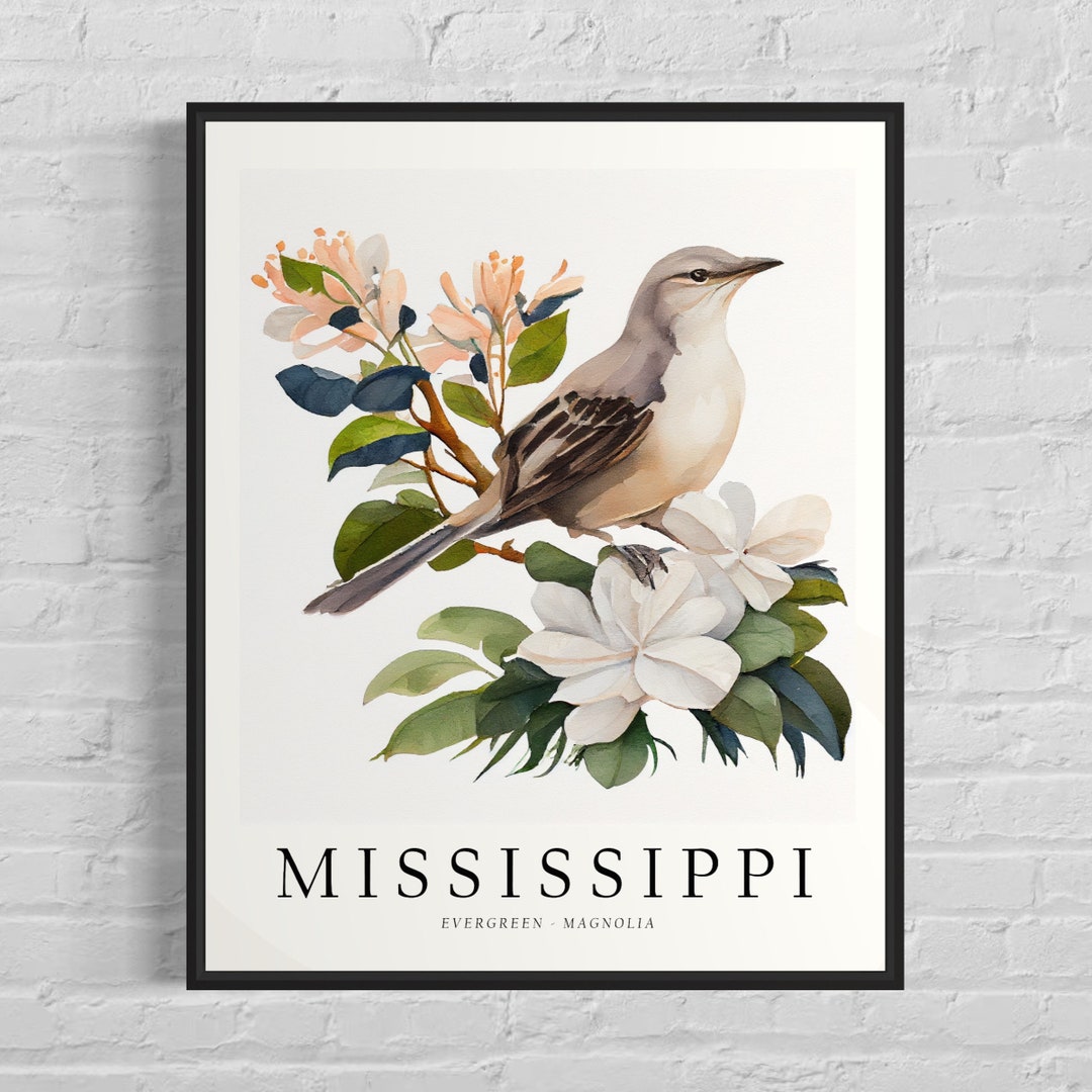 Mississippi State Bird Art Print, Mississippi State Flower, Mississippi ...